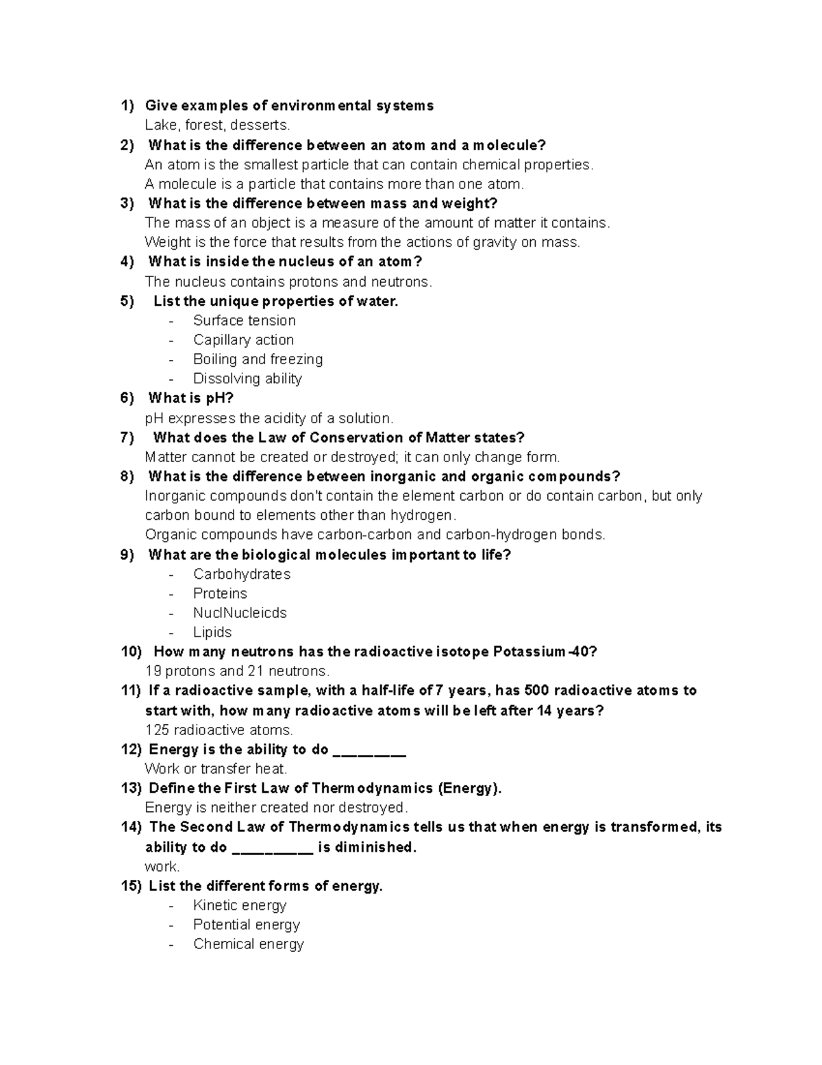 Chapter 2 matter energy and change - 1) Give examples of environmental ...