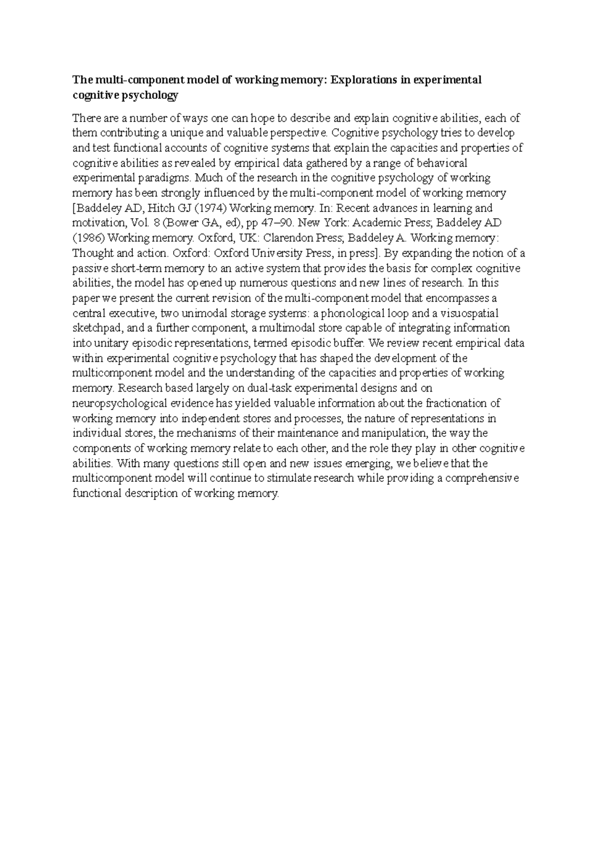 The multicomponent model of working memory Explorations in experimental ...