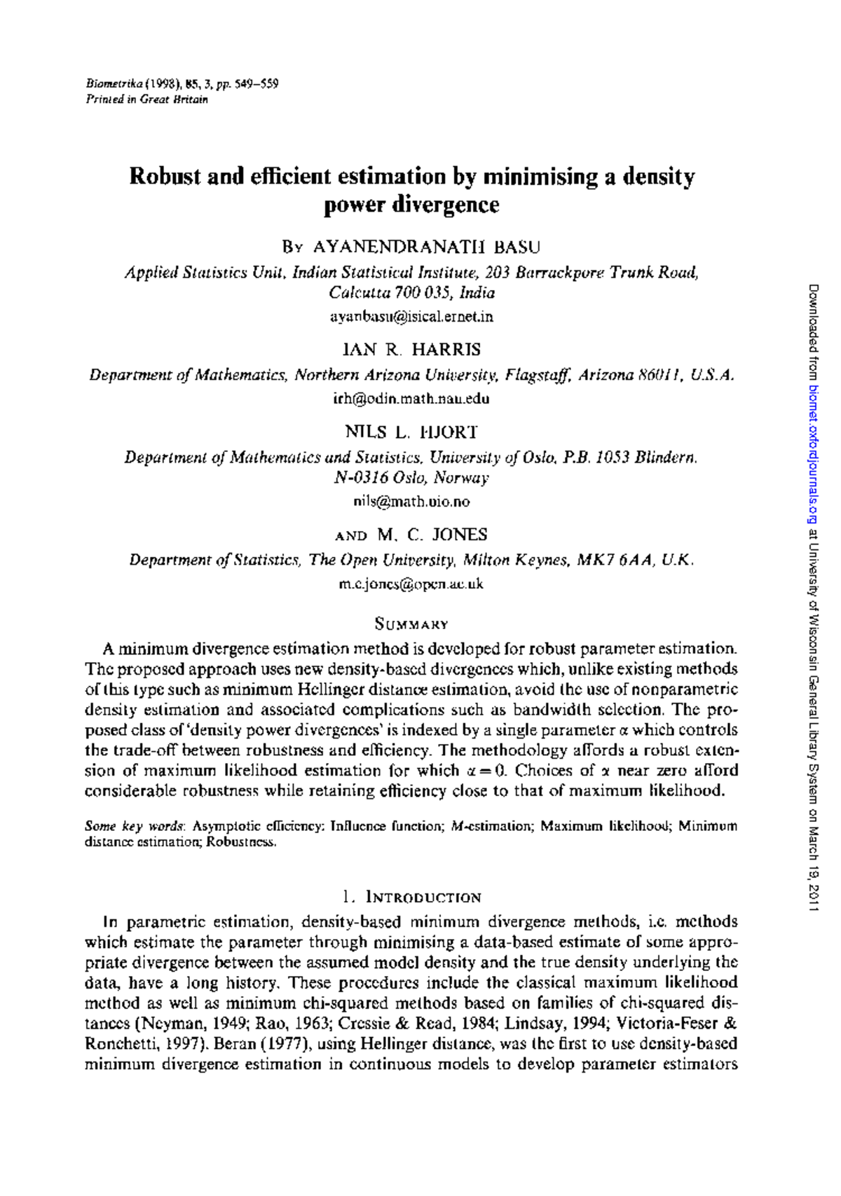 Robust And Efficient Estimation By Minimising A Density Power
