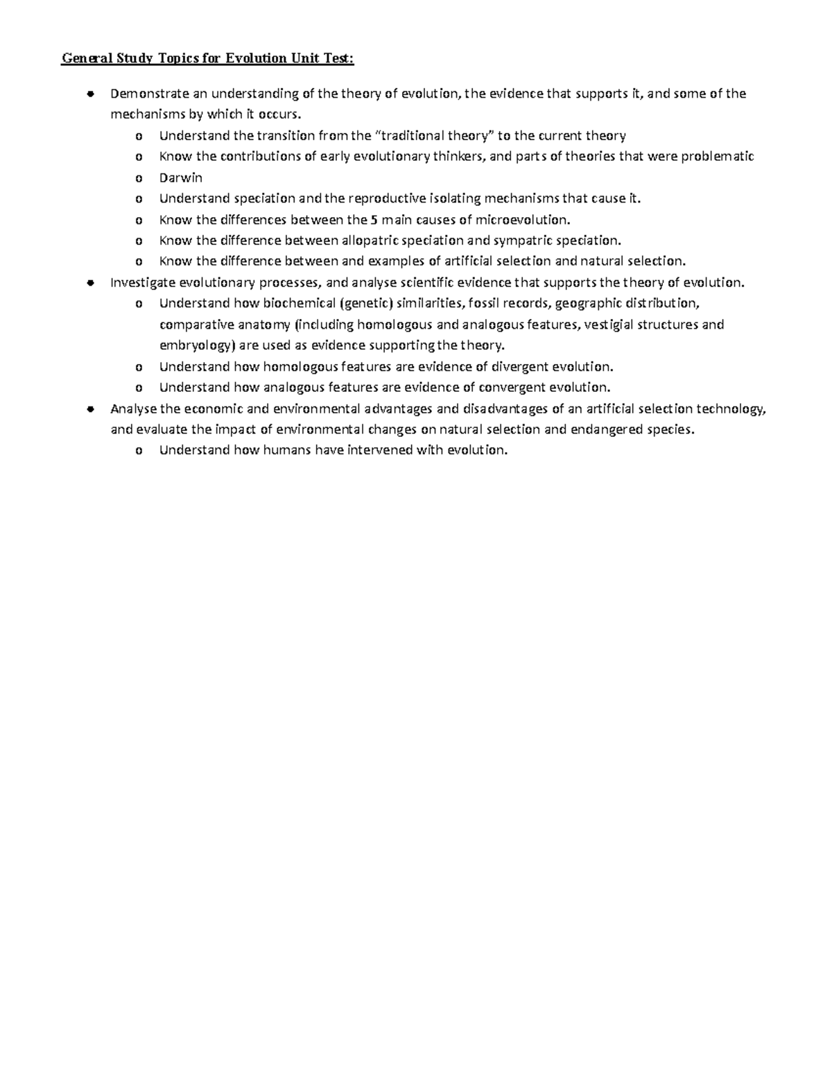 Study Topics for Evolution Unit Test - o Understand the transition from ...