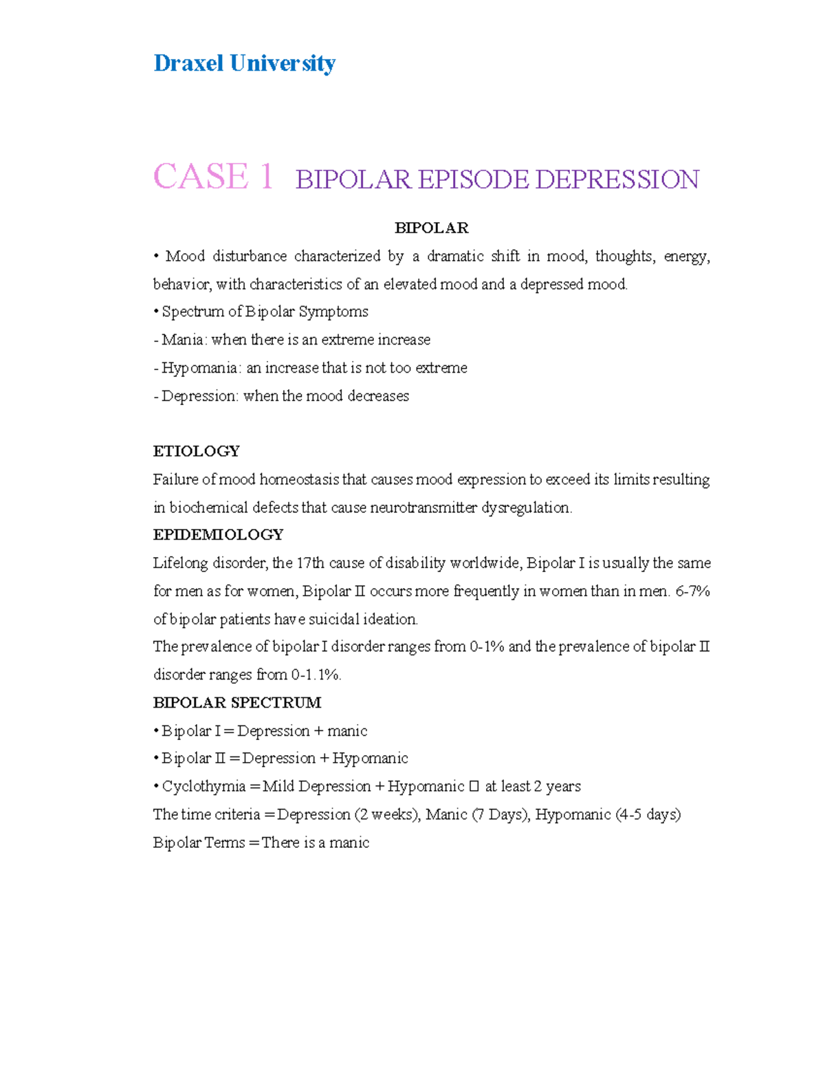 Lecturer Notes Bipolar Episode OF Depression Part 2 - CASE 1 BIPOLAR ...