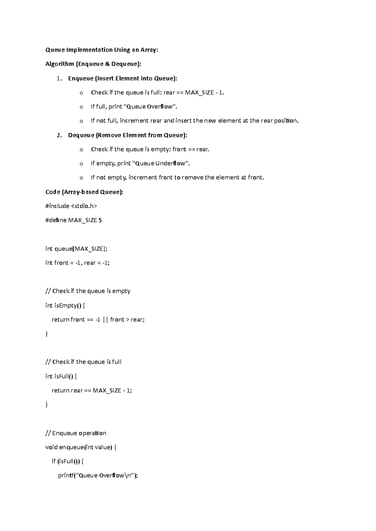Queue - Enqueue (Insert Element into Queue): o Check if the queue is ...