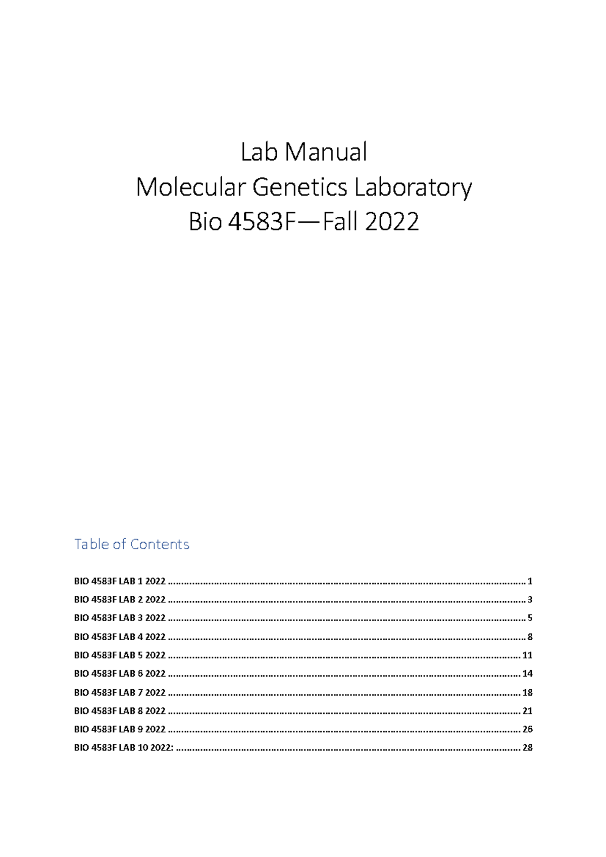 Lab+Manual 4583F+2022-1 - Lab Manual Bio 4583F4Fall Molecular Genetics ...