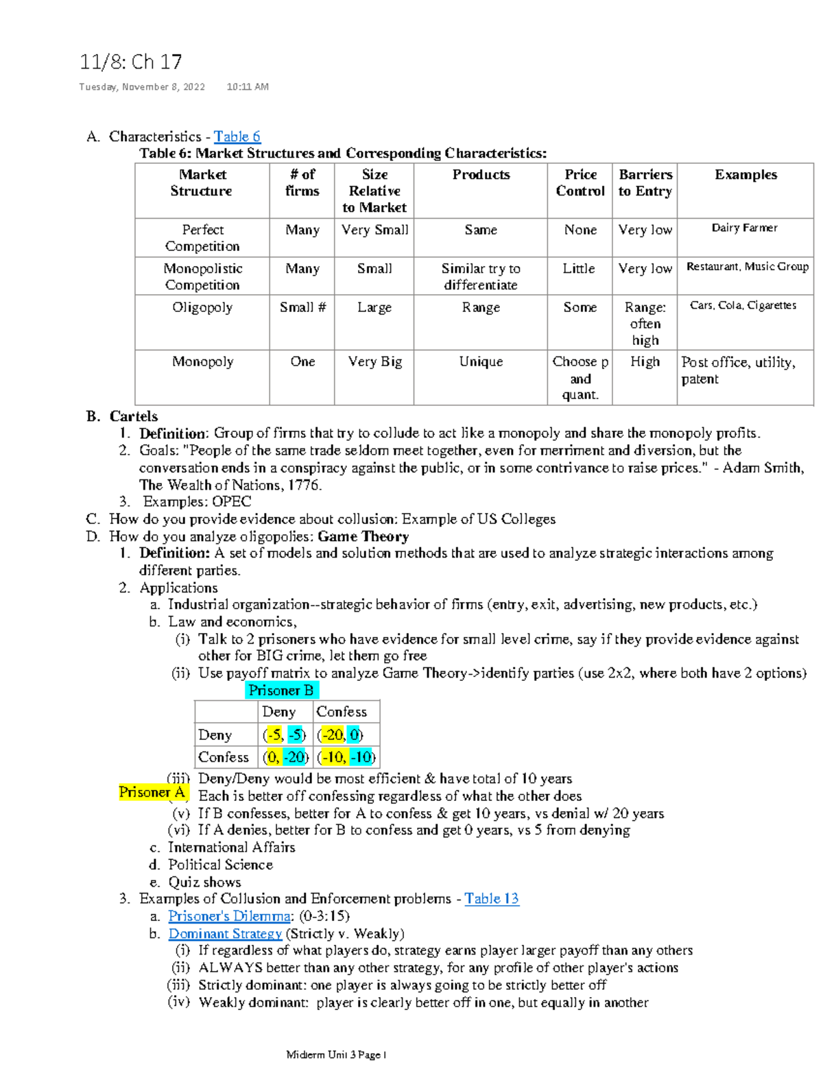 Unit 12 Chapter 17 Notes - Characteristics - Table 6 Table 6: Market ...