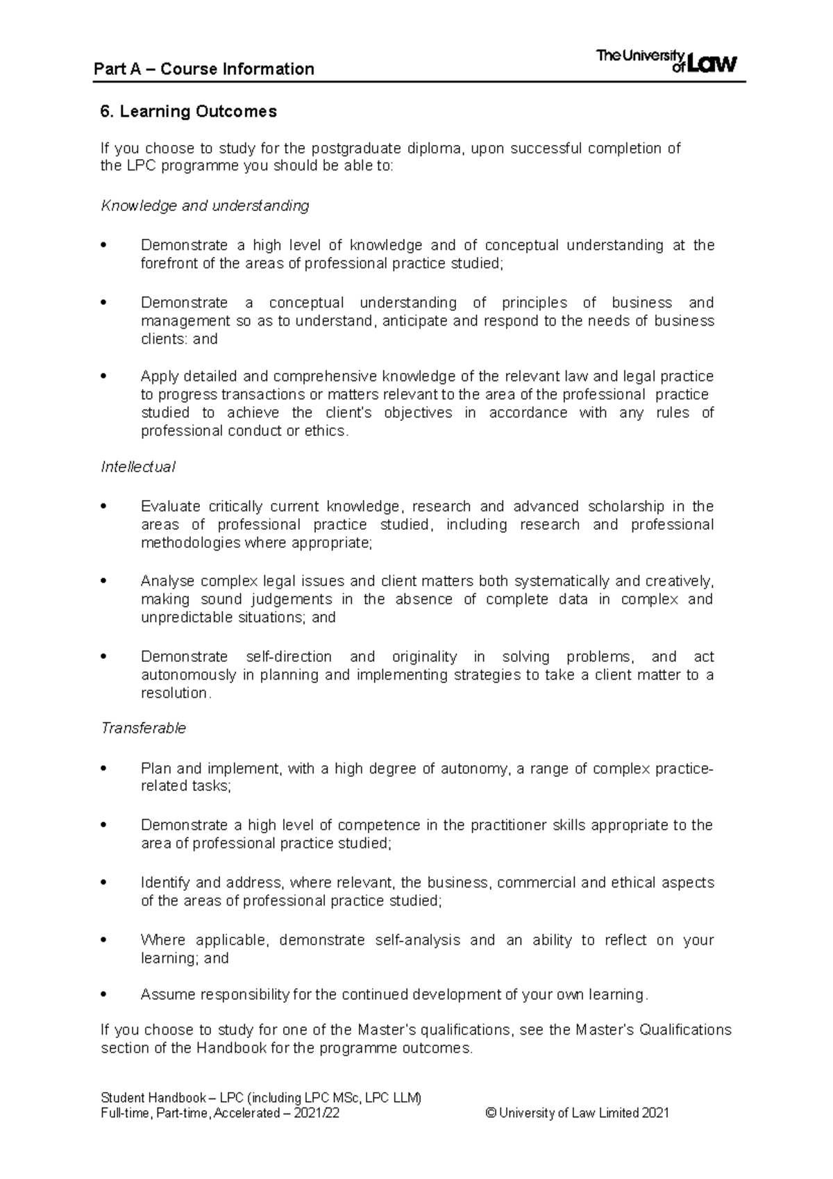 6 Learning Outcomes Part A Course Information 6 Learning Outcomes