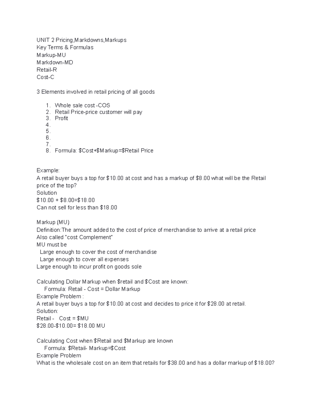 UNIT 2 Pricing,Markdowns,Markups - UNIT 2 Pricing,Markdowns,Markups Key ...