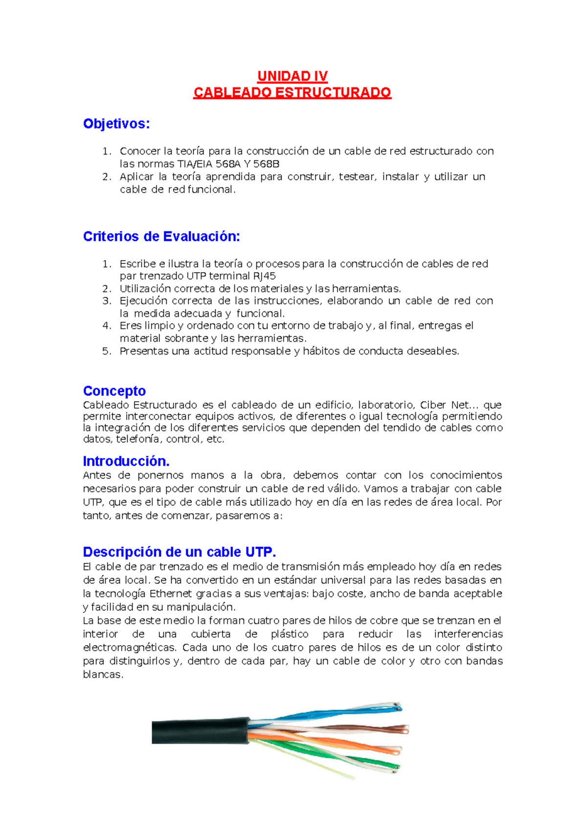 Cable DE RED Estructurado - UNIDAD IV CABLEADO ESTRUCTURADO Objetivos: 1. Conocer la teoría para ...