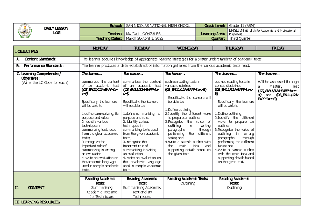 Daily Lesson in EAPP 11 March 28-April 1, 2022 Maida L. Gonzales ...