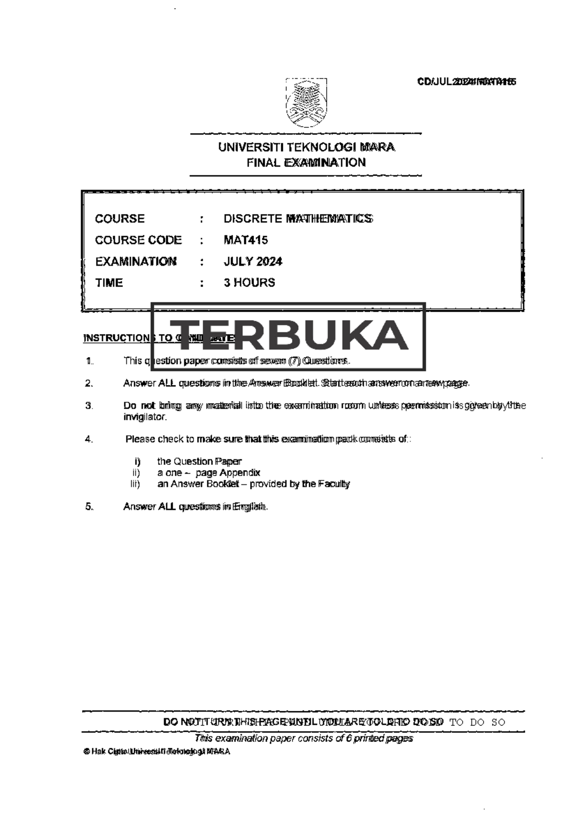 MAT415 FINAL PAPER - UNIVERSITI TEKNOLOGI MARA FINAL EXAMINATION COURSE ...