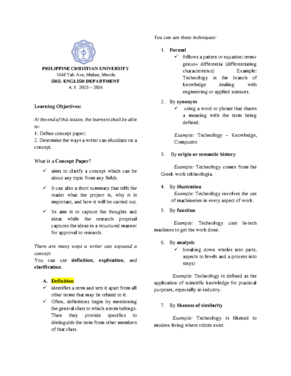 WEEK 6 - Writing a Concept Paper - PHILIPPINE CHRISTIAN UNIVERSITY 1648 ...