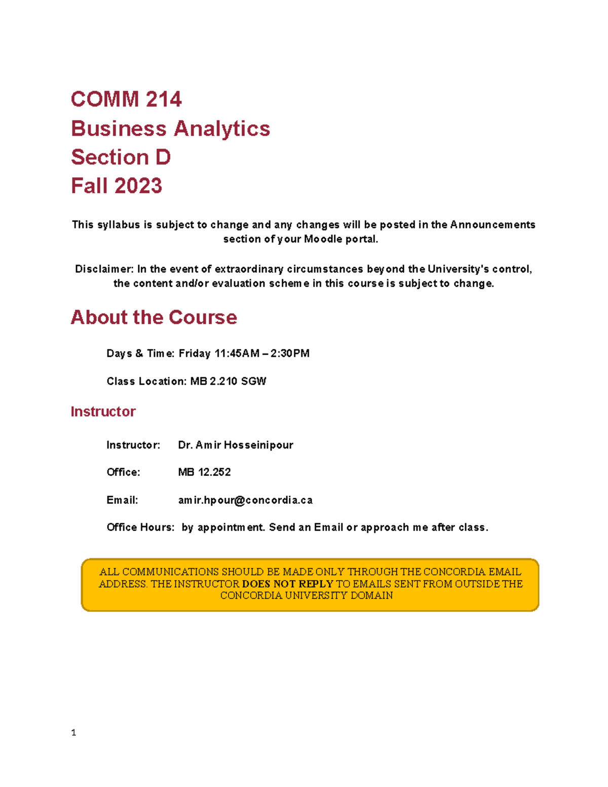 2023 Fall COMM 214 Course Outline-AH - COMM 214 Business Analytics ...