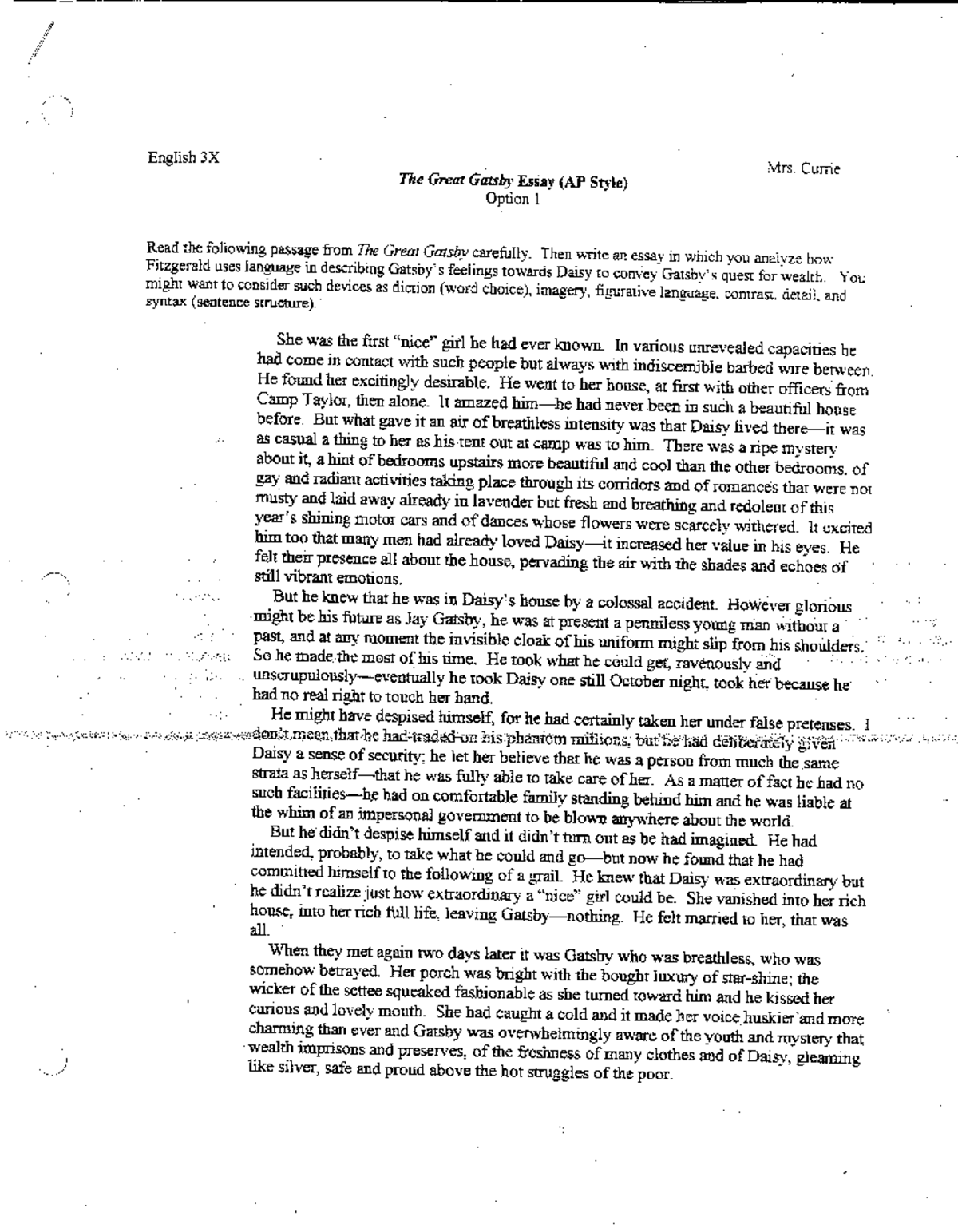 Gatsby AP Passage Analysis - English 3X Mrs. Currie The Great Gats ...