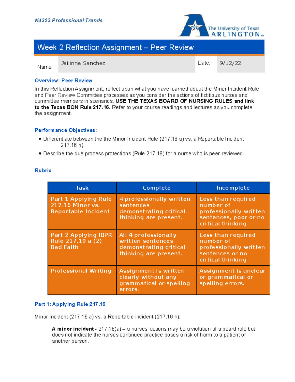 N4223-Wk 2 Assignment Peer Review-1 - N4323 Professional Trends Name ...