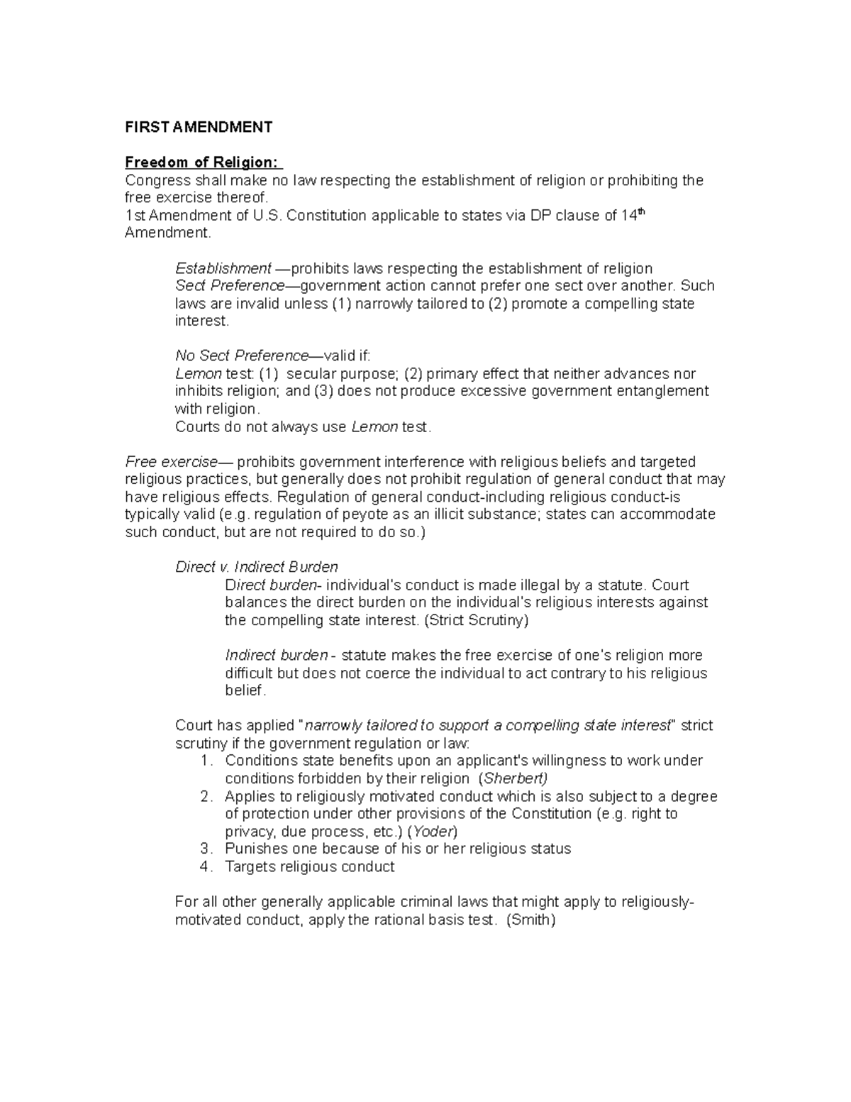 First Amendment and Related Analysis Sheet - FIRST AMENDMENT Freedom of ...