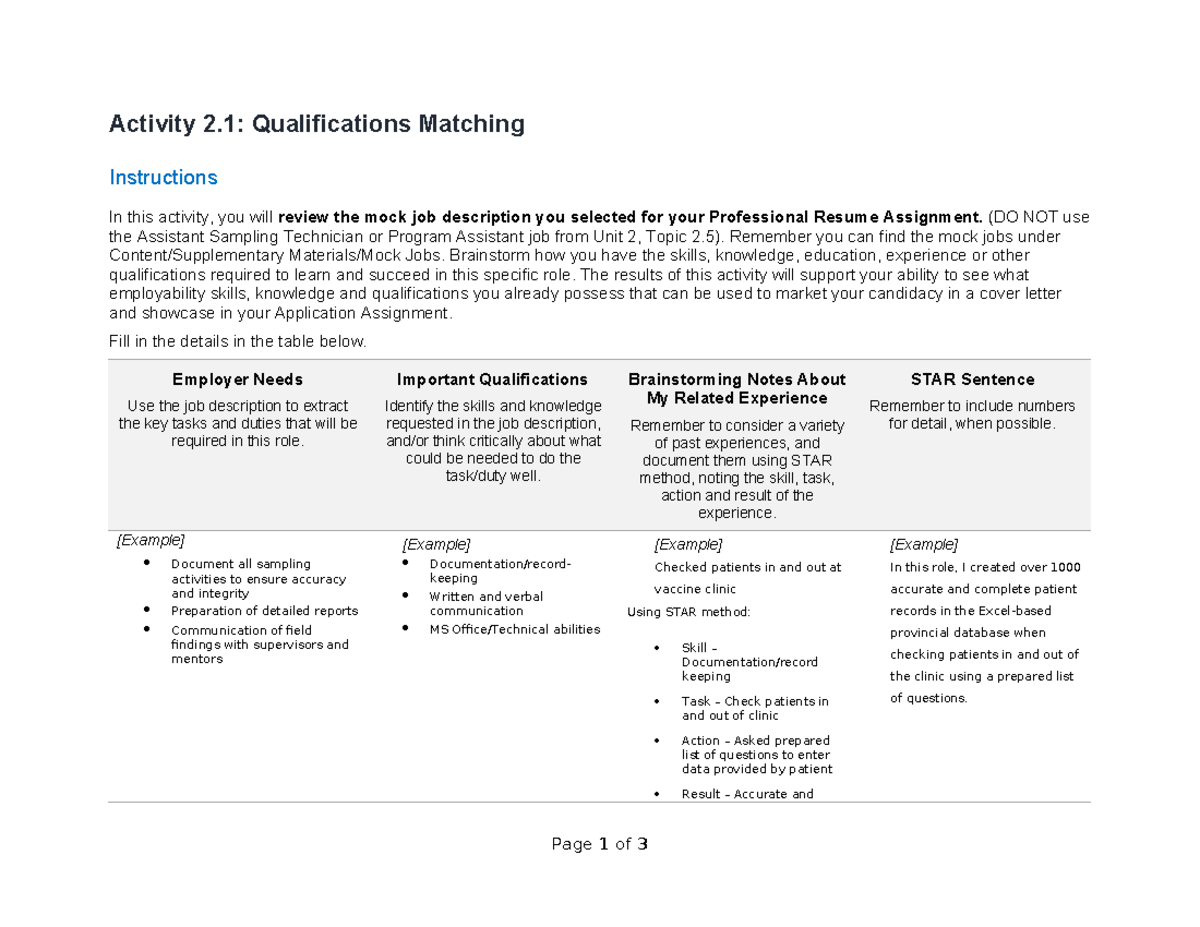Qualifications for Science CO-OP - Activity 2: Qualifications Matching ...