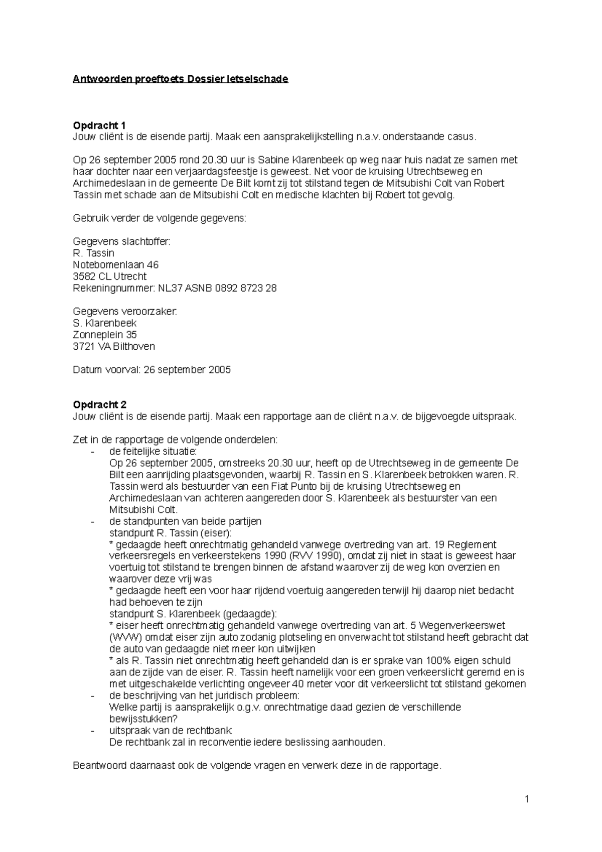 Proeftoets Dossier letselschade met antwoorden - Antwoorden proeftoets Dossier letselschade ...