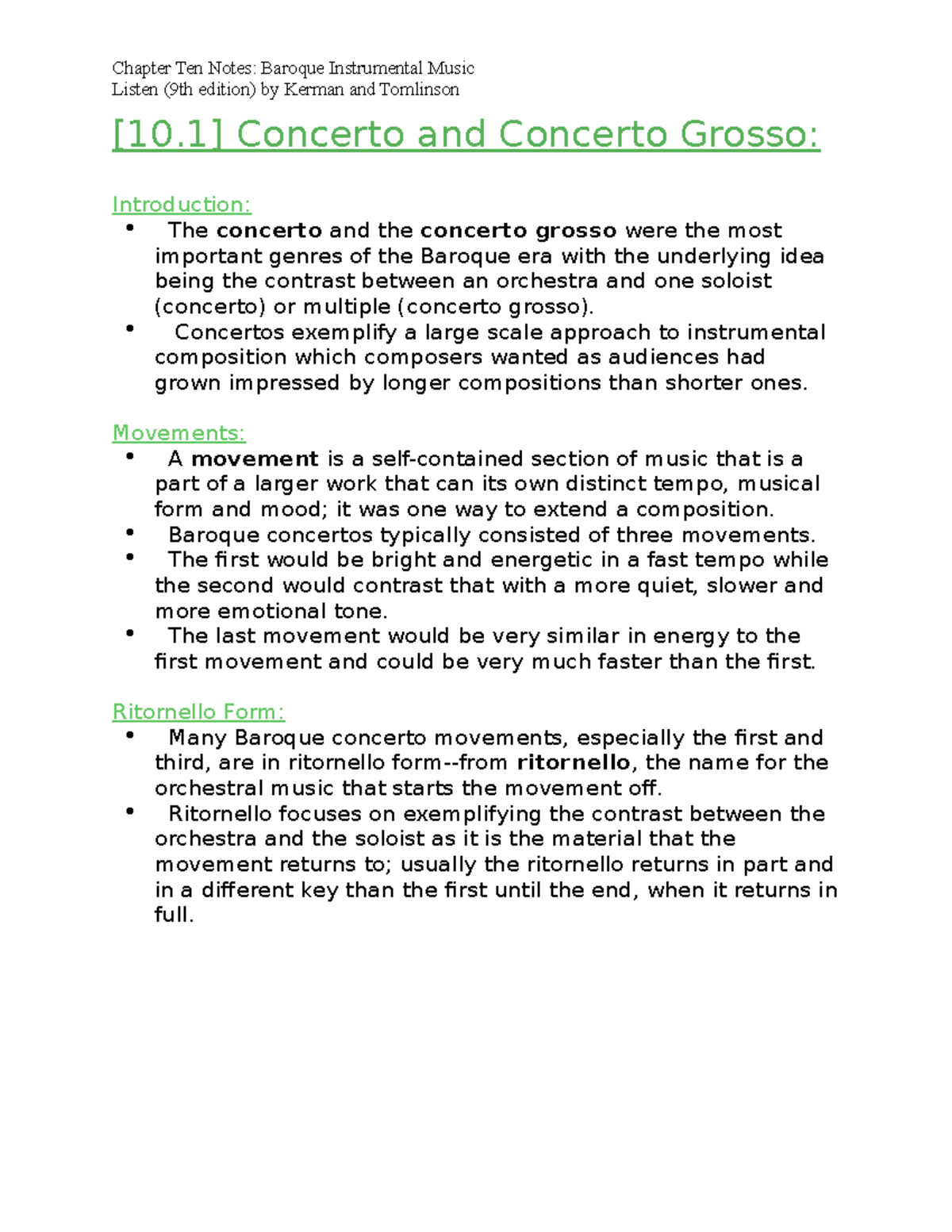 Chapter Ten Notes - Concertos exemplify a large scale approach to ...