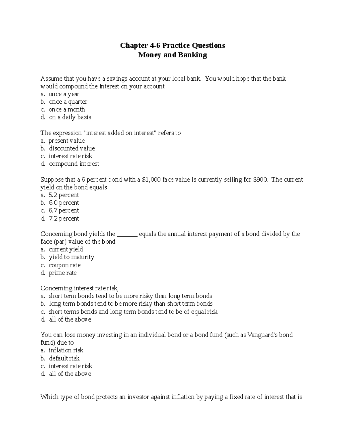 Chapter 4 6 Practice Questions - Chapter 4-6 Practice Questions Money ...