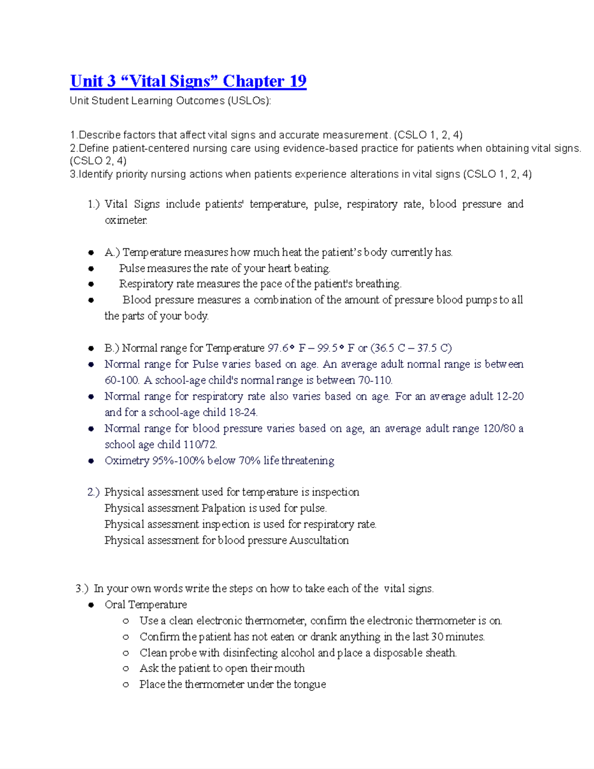 Exam 2 Fundamentals - Unit 3 “Vital Signs” Chapter 19 Unit Student ...
