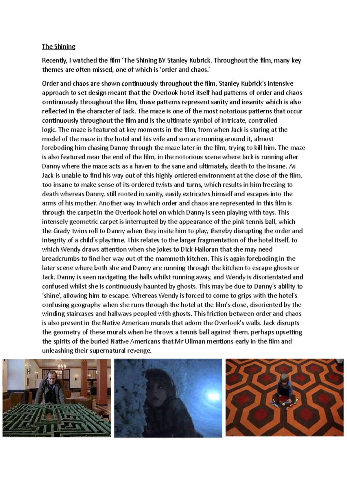 The Shining - The Shining Recently, I watched the film ‘The Shining BY ...