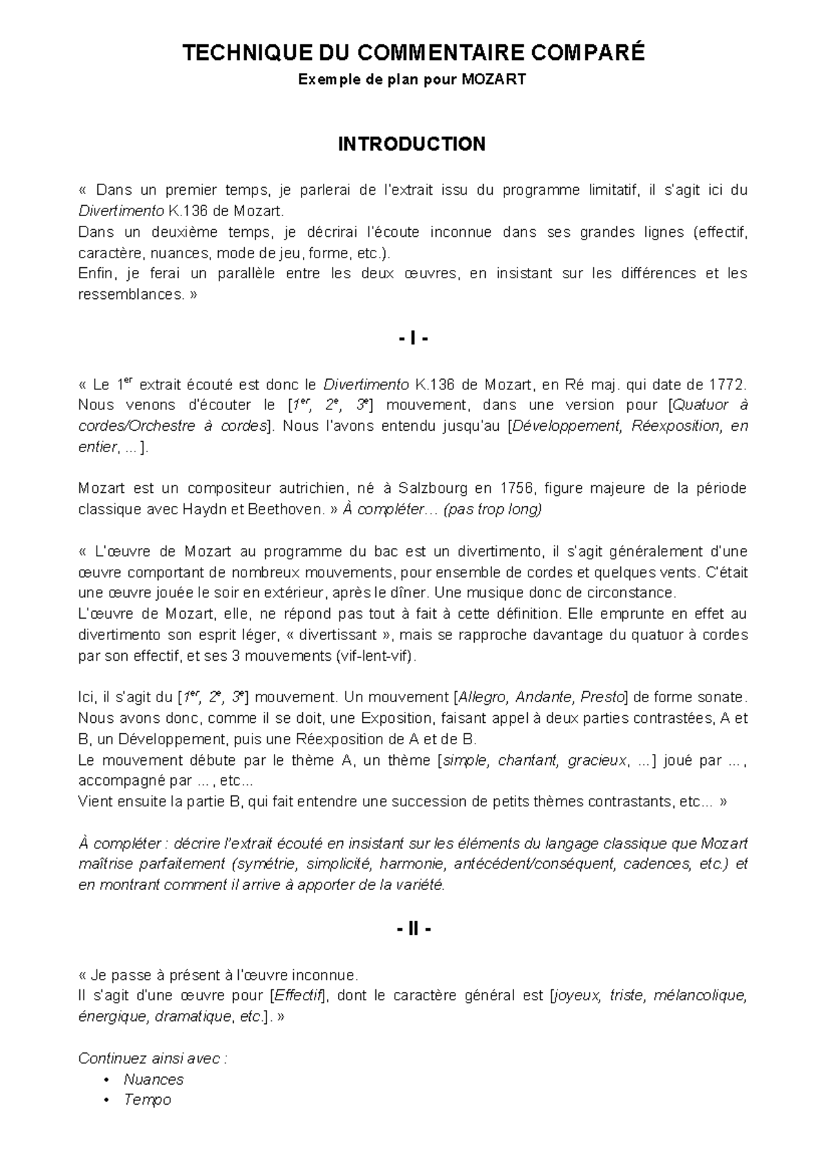 Technique commentaire compare mozart - TECHNIQUE DU COMMENTAIRE COMPARÉ ...