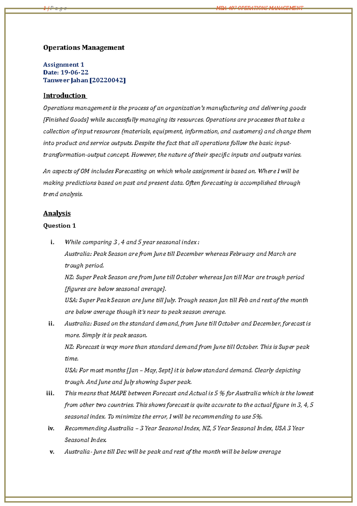 Assignment 1 Tanweer Jahan - 1 | P a g e MBA 407 OPERATIONS MANAGEMENT ...