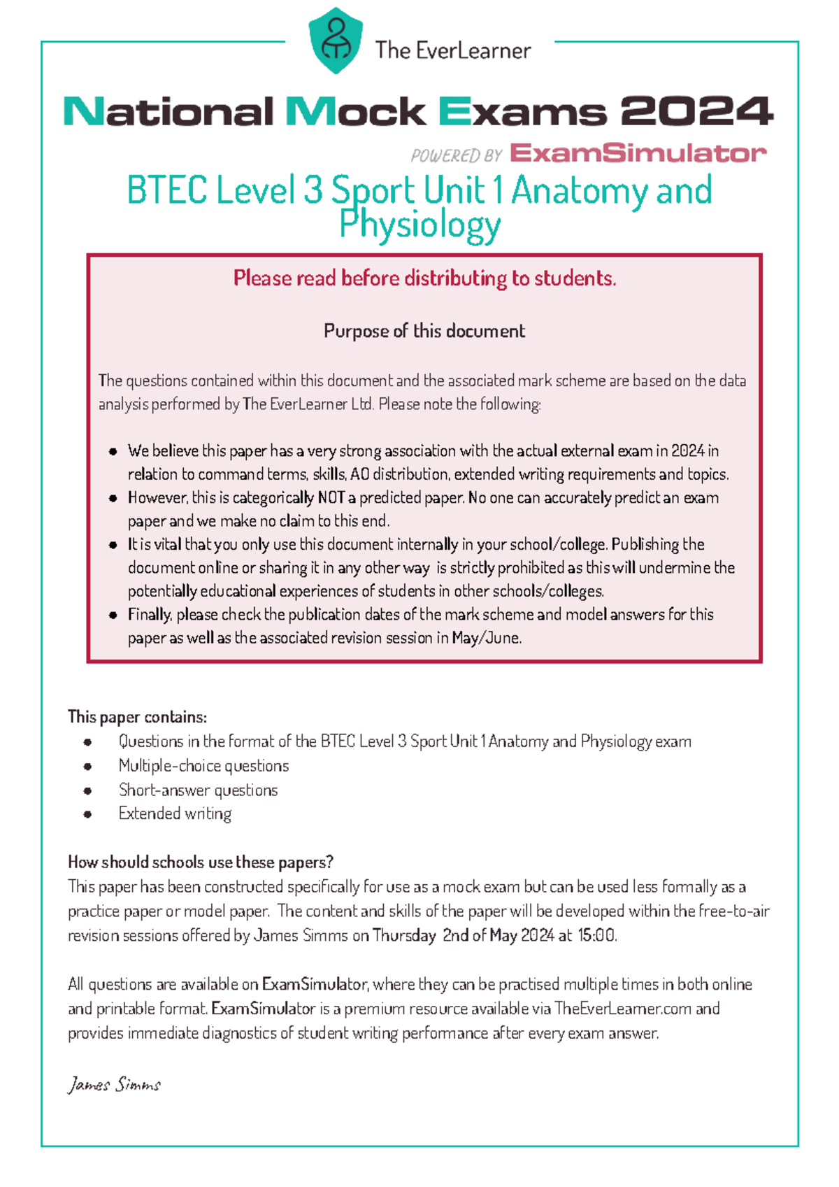 National mock exam 2024 btec sport level 3 unit 1 - BTEC Level 3 Sport Unit 1 Anatomy and ...