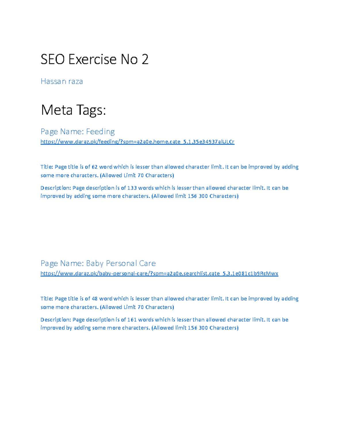 SEO Exercise No 2 Solution - SEO Exercise No 2 Hassan raza Meta Tags: Page Name: Feeding - Studocu