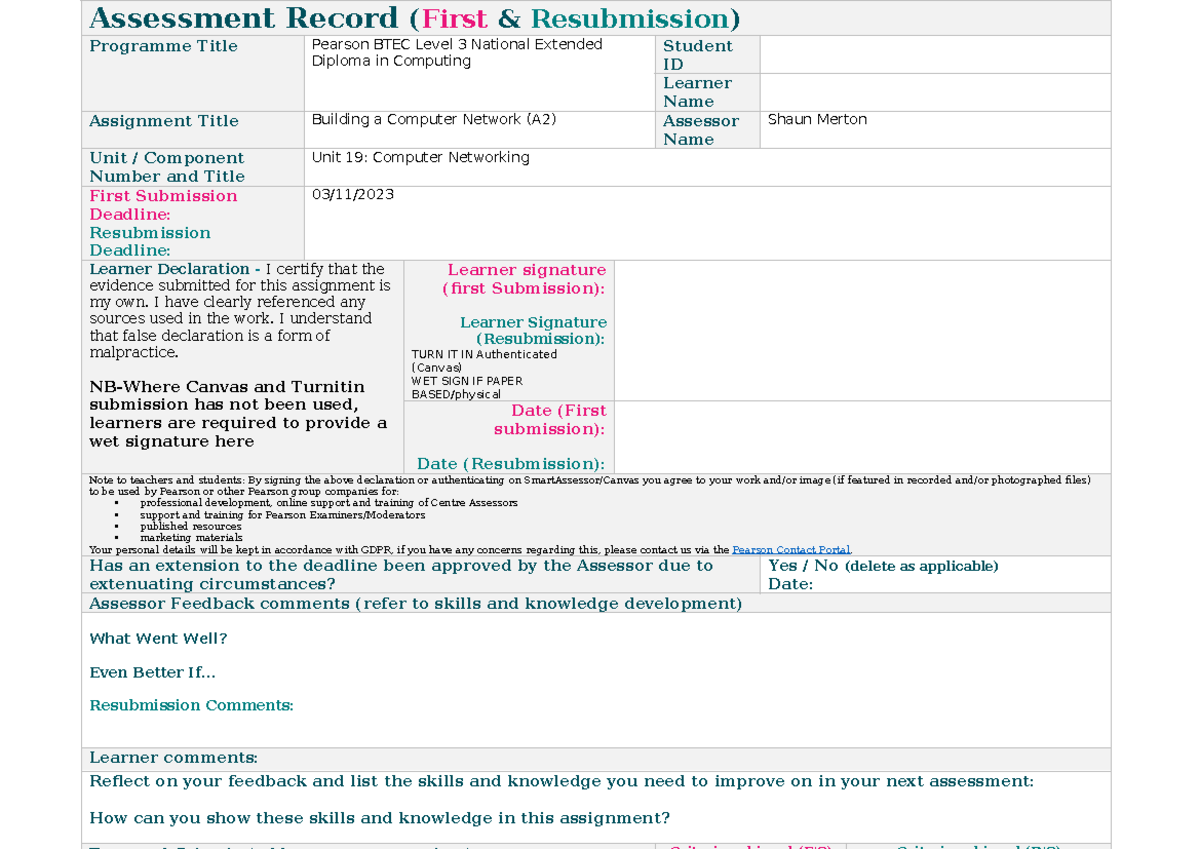 Unit 19 Assingment 2 - Assessment Record (First & Resubmission ...