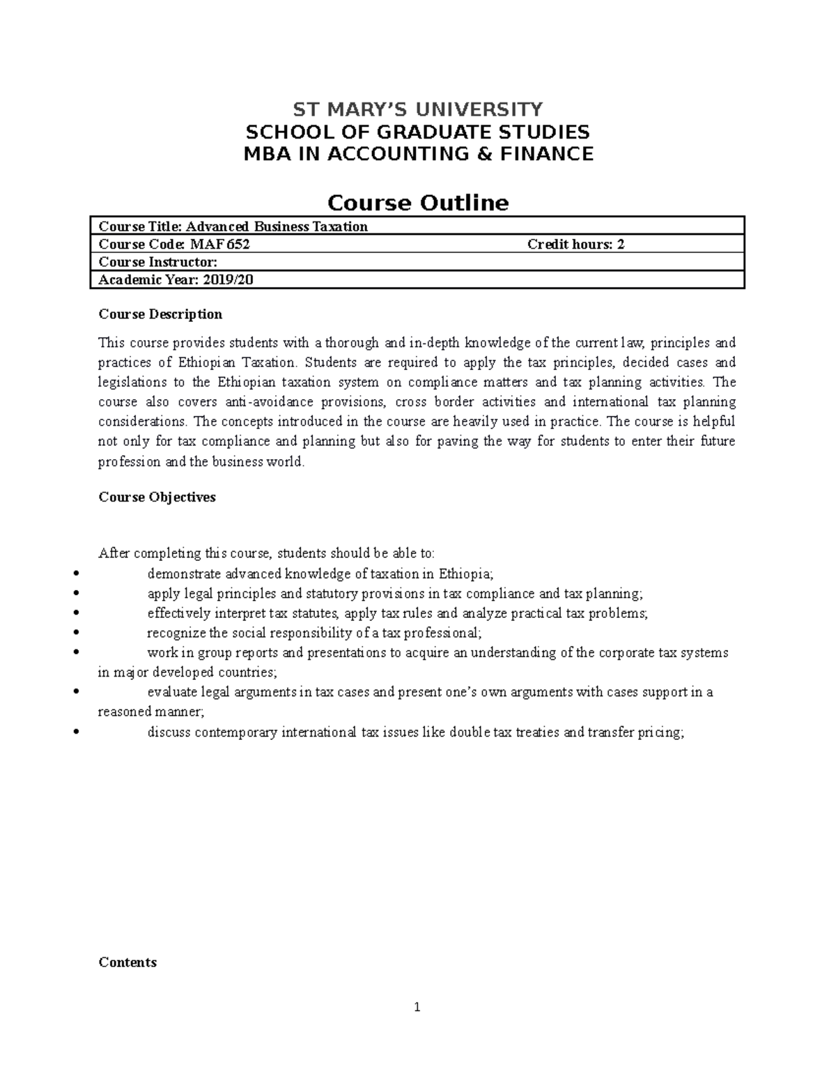Course outline Advnced Business Taxation - ST MARY’S UNIVERSITY SCHOOL ...