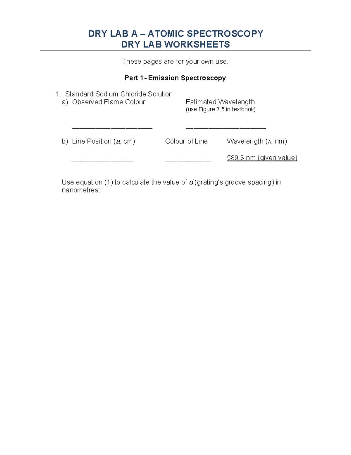 F22 CHEM1040 Dry Lab A Data Sheets - DRY LAB WORKSHEETS These pages are ...