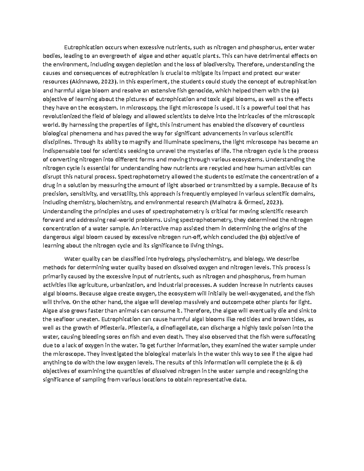 Introduction - yes - Eutrophication occurs when excessive nutrients ...