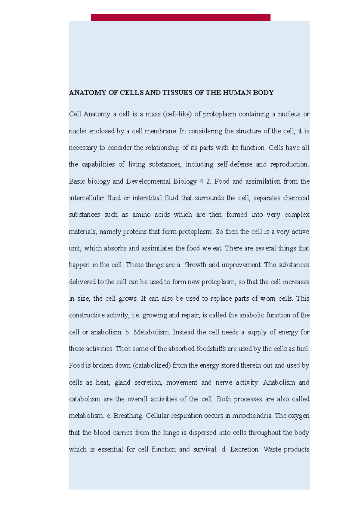 Notes Biology - Anatomy OF Cells AND Tissues OF THE Human BODY ...