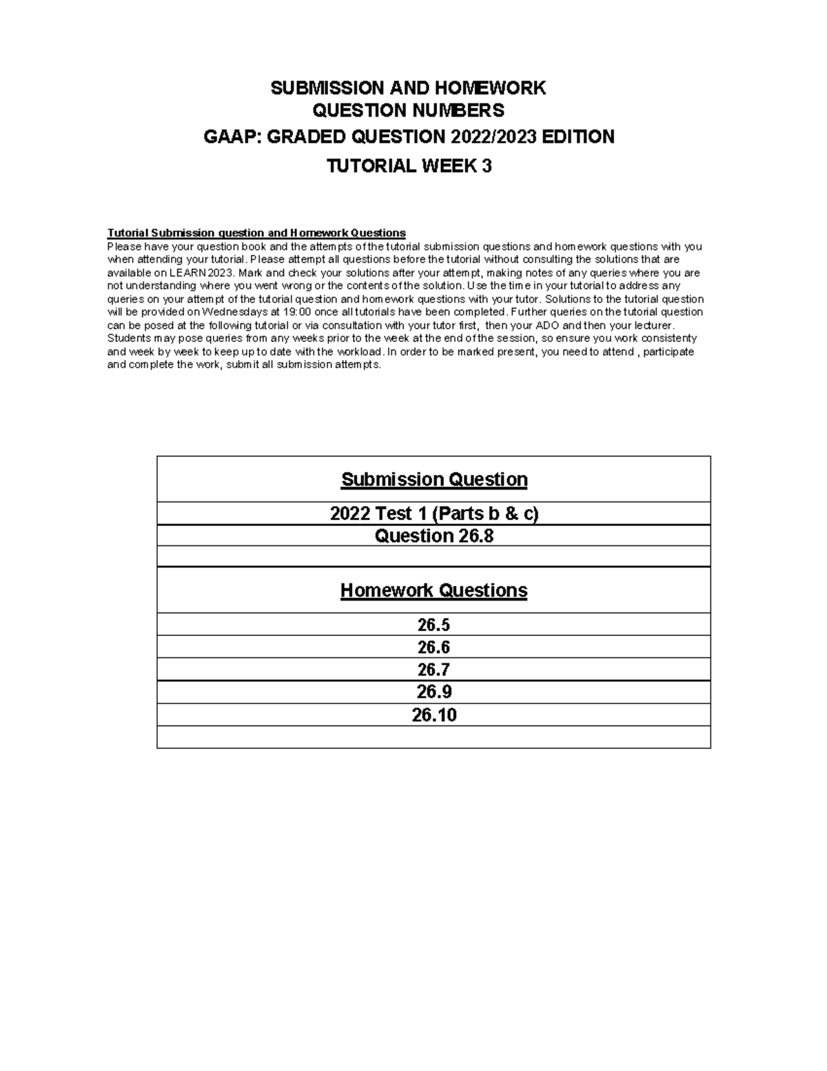 Tut 3 Question Numbers - Notes - SUBMISSION AND HOMEWORK QUESTION ...