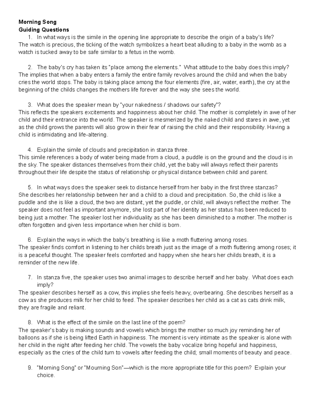 Morning Song by Sylvia Plath Overview - Morning Song Guiding Questions ...