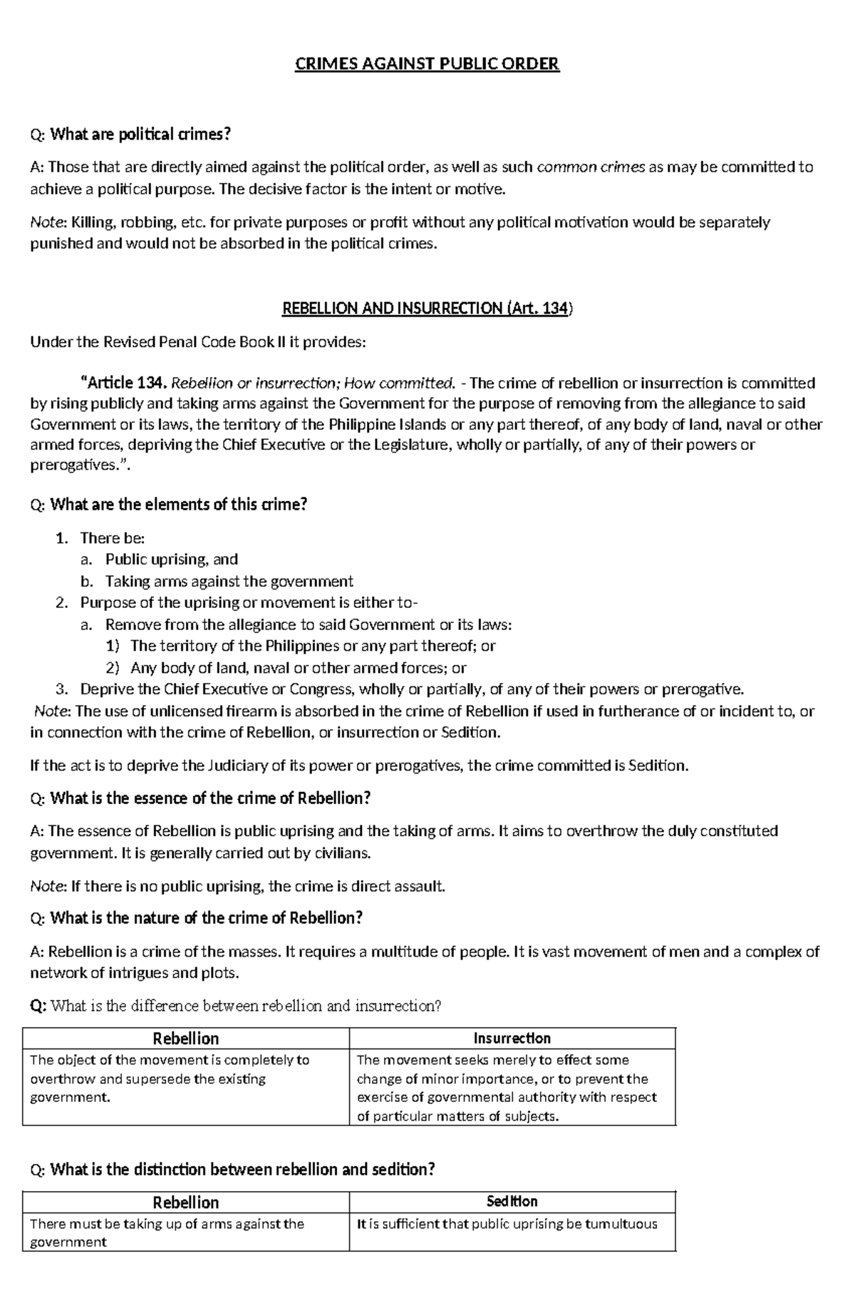 Criminal Midterm Lecture - CRIMES AGAINST PUBLIC ORDER Q: What are ...