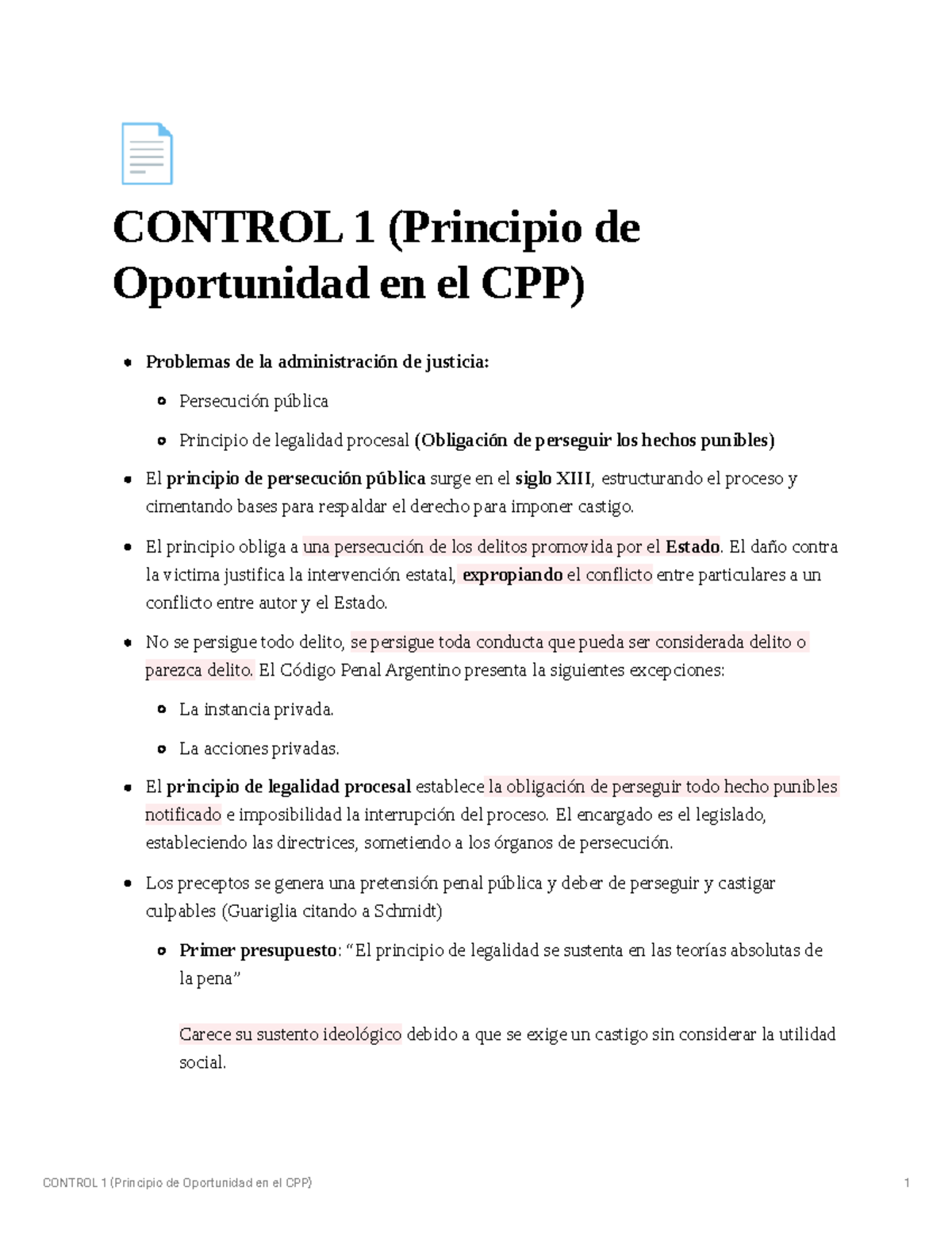 Procesal Penal - ............................. - 📄 CONTROL 1 (Principio de Oportunidad en el CPP ...