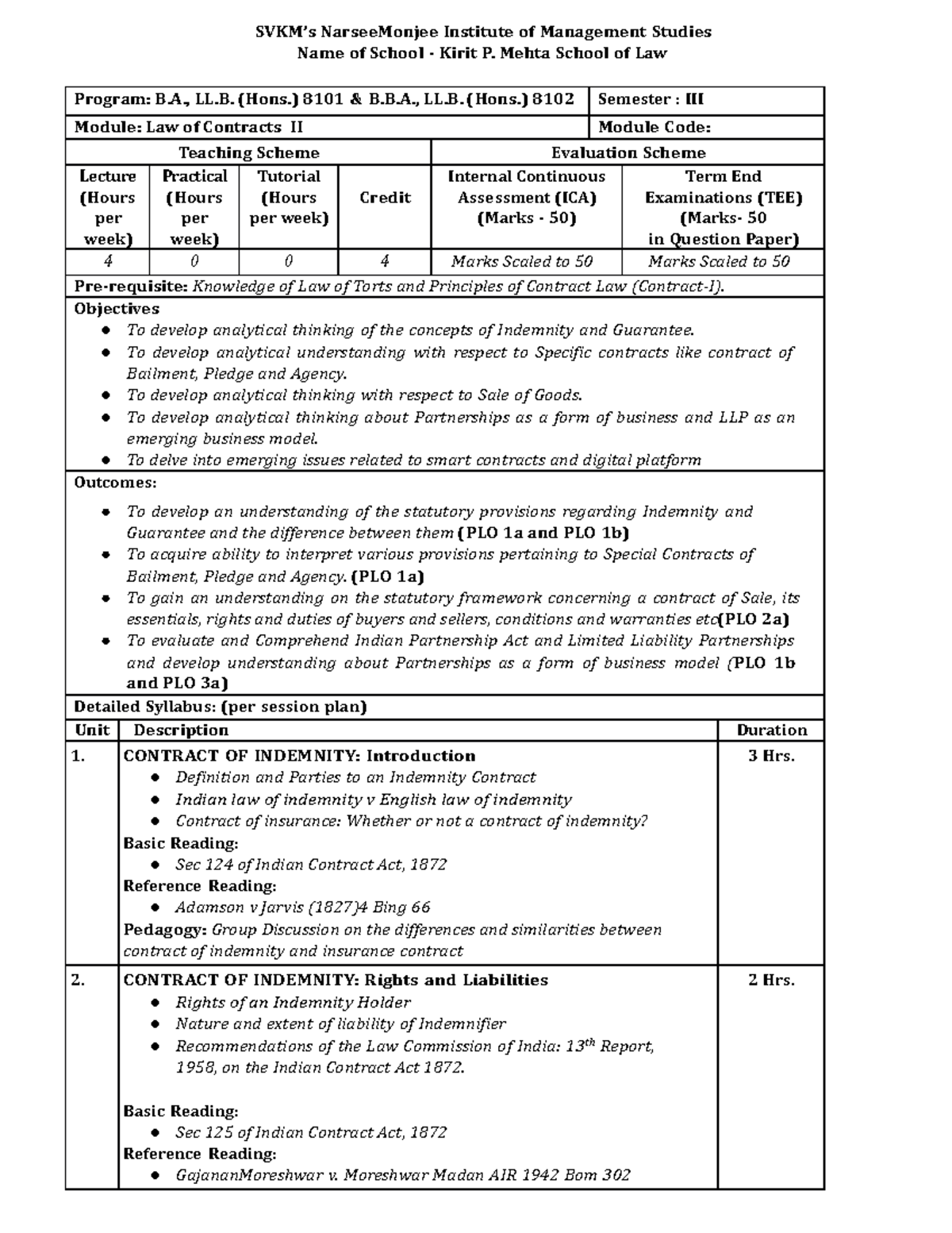Course Outlines Sem III Law of Contracts II - Program: B., LL. (Hons ...
