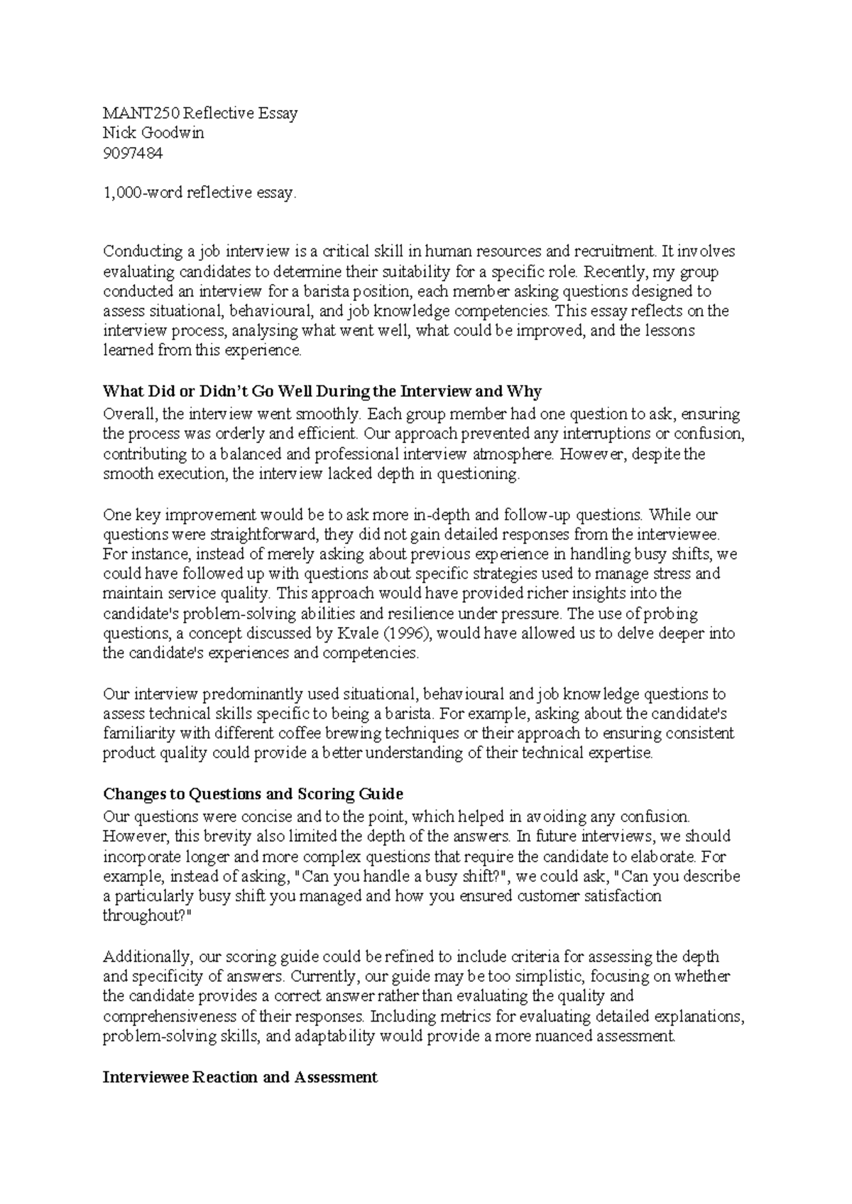 MANT250 Reflective Essay - Conducting a job interview is a critical ...