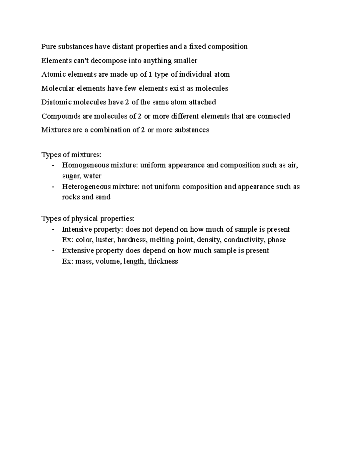 CH1 Notes 2 - Pure substances have distant properties and a fixed ...