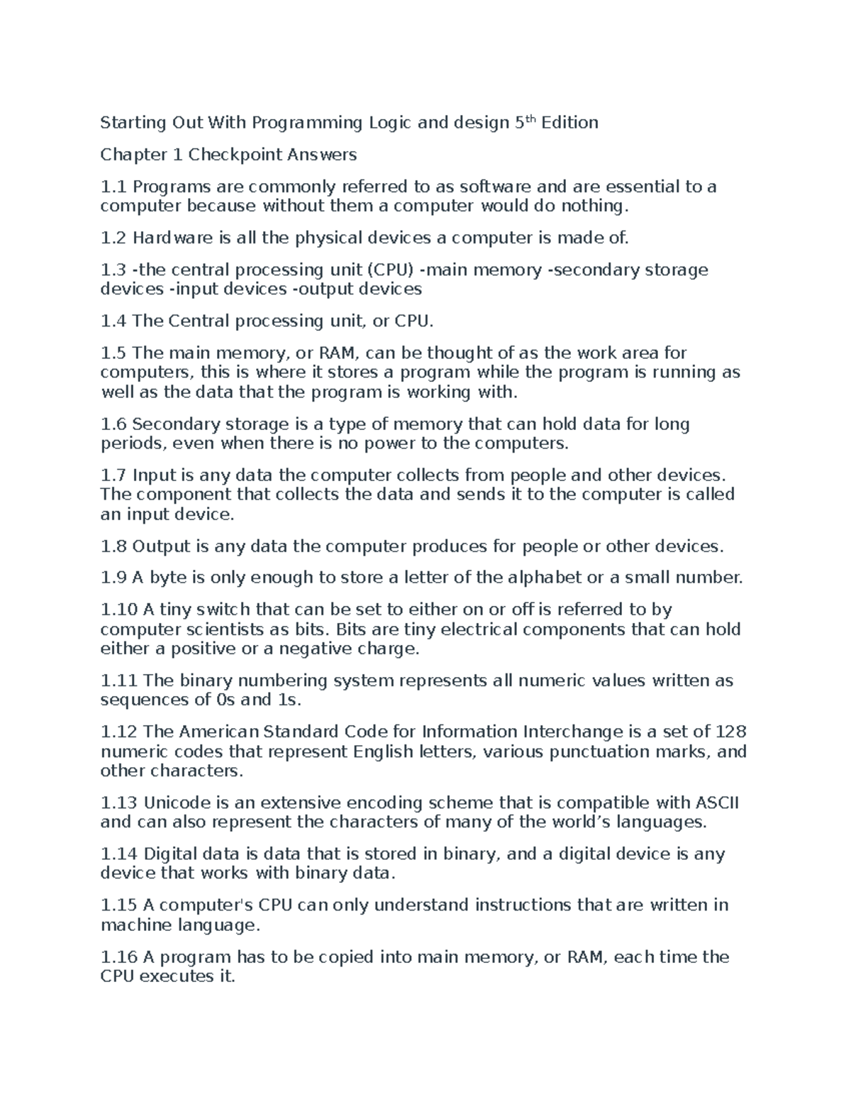 Chapter 1 Checkpoint Answers - Starting Out With Programming Logic and design 5th Edition ...