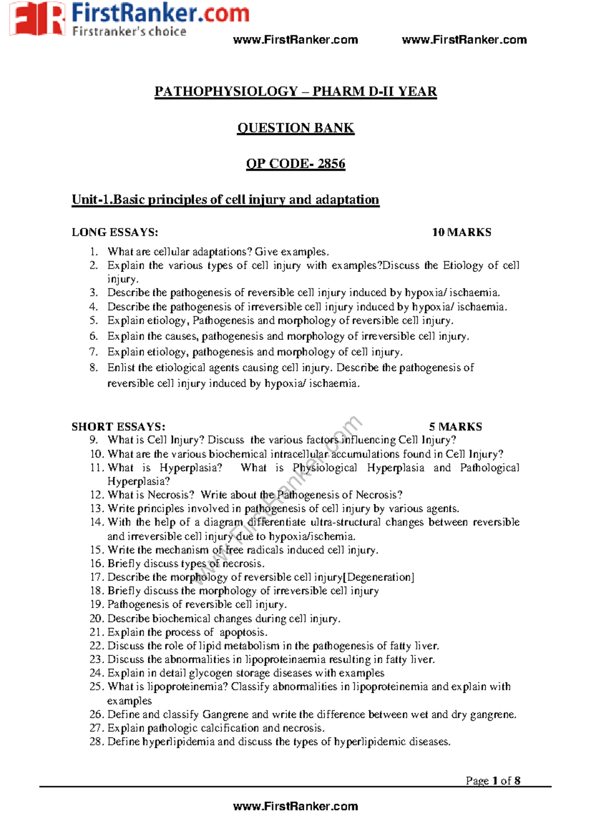 Pathophysiology q bank 2nd year - FirstRanker Page 1 of 8 ...