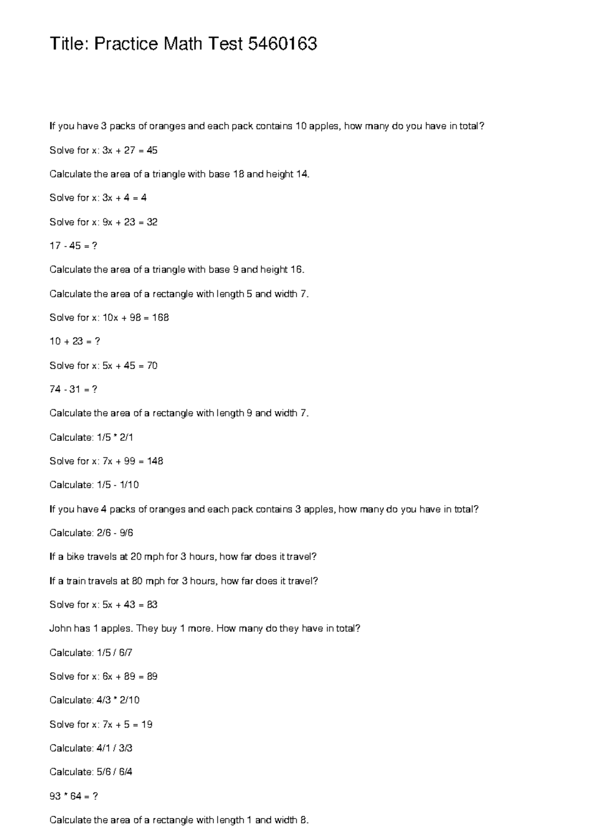 Practice Math Test 5460163 - Title: Practice Math Test 5460163 If you ...