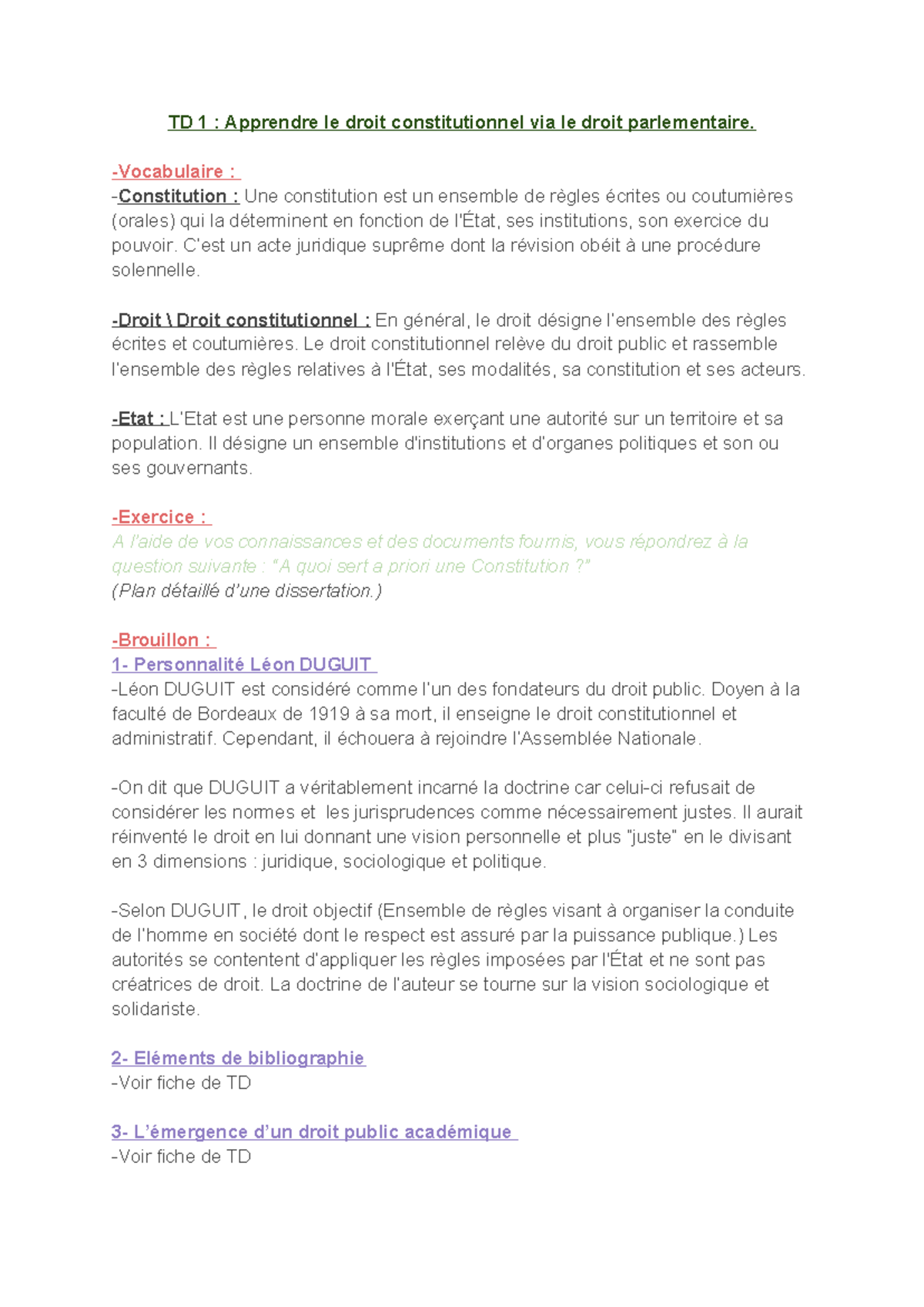 TD1 (Fiche) - TD 1 : Apprendre le droit constitutionnel via le droit parlementaire. -Vocabulaire ...