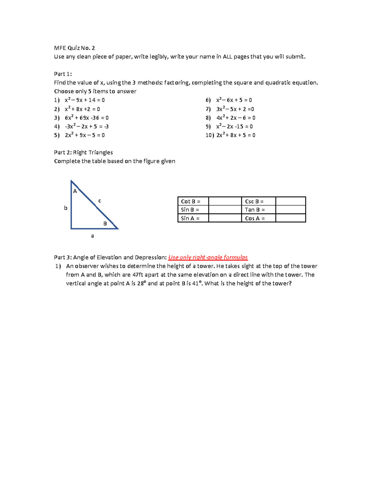 MFE Quiz No - Quiz 2 in Math for Engineers, Trigo - PangSU - Studocu