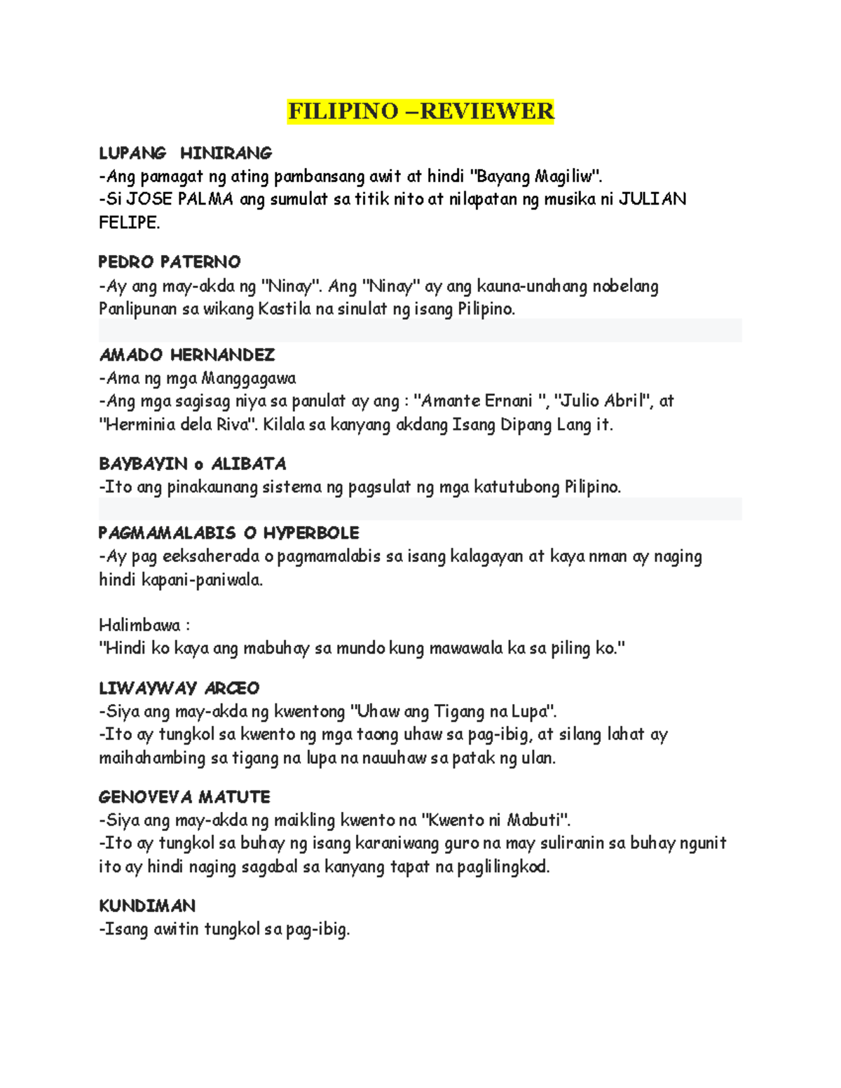 Filipino - notes - FILIPINO –REVIEWER LUPANG HINIRANG -Ang pamagat ng ...