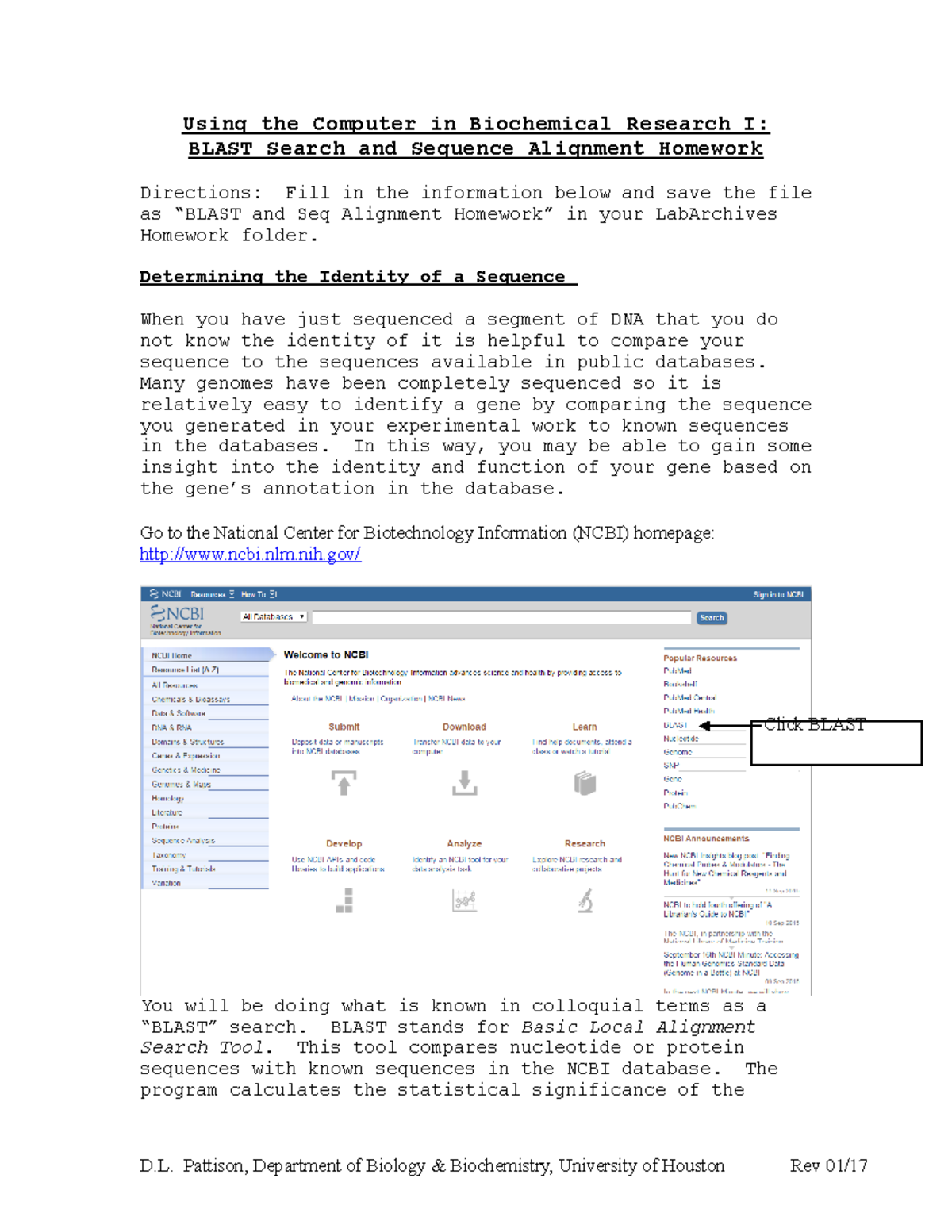 Blast and Seq Align Fall Spring 2017 - Using the Computer in Biochemical Research I: BLAST ...