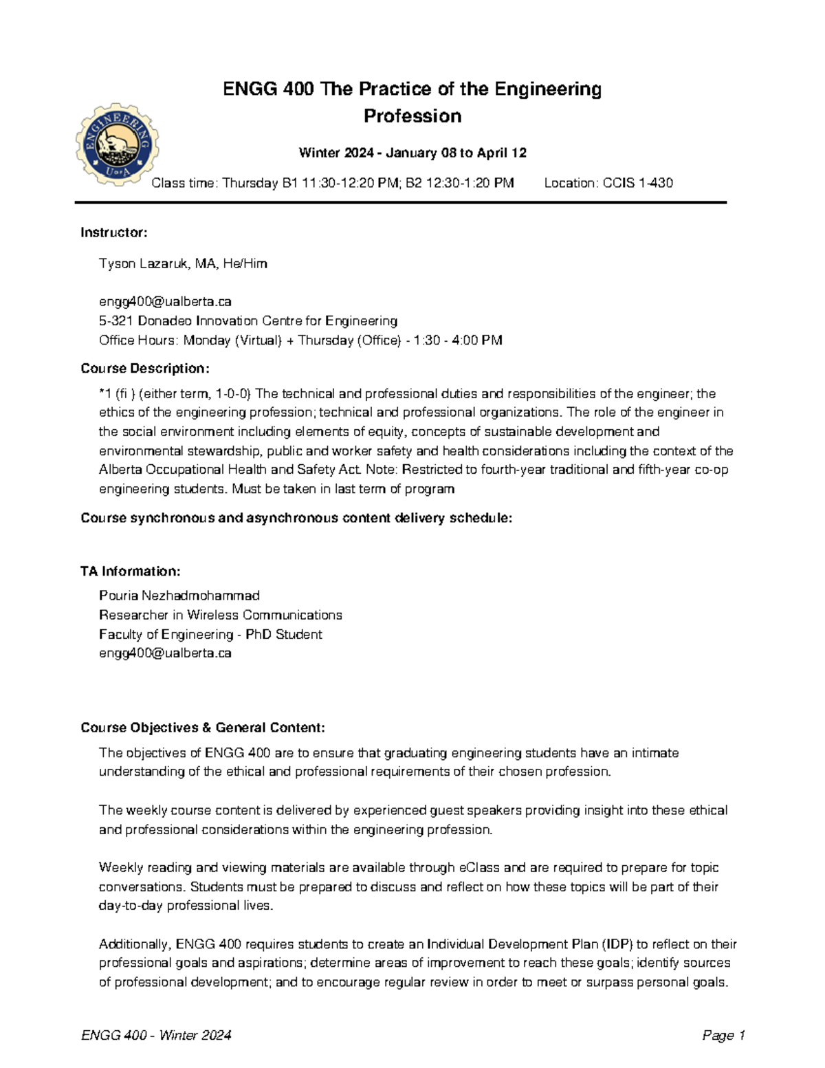 ENGG 400 W2024 Syllabus - ENGG 400 The Practice of the Engineering ...