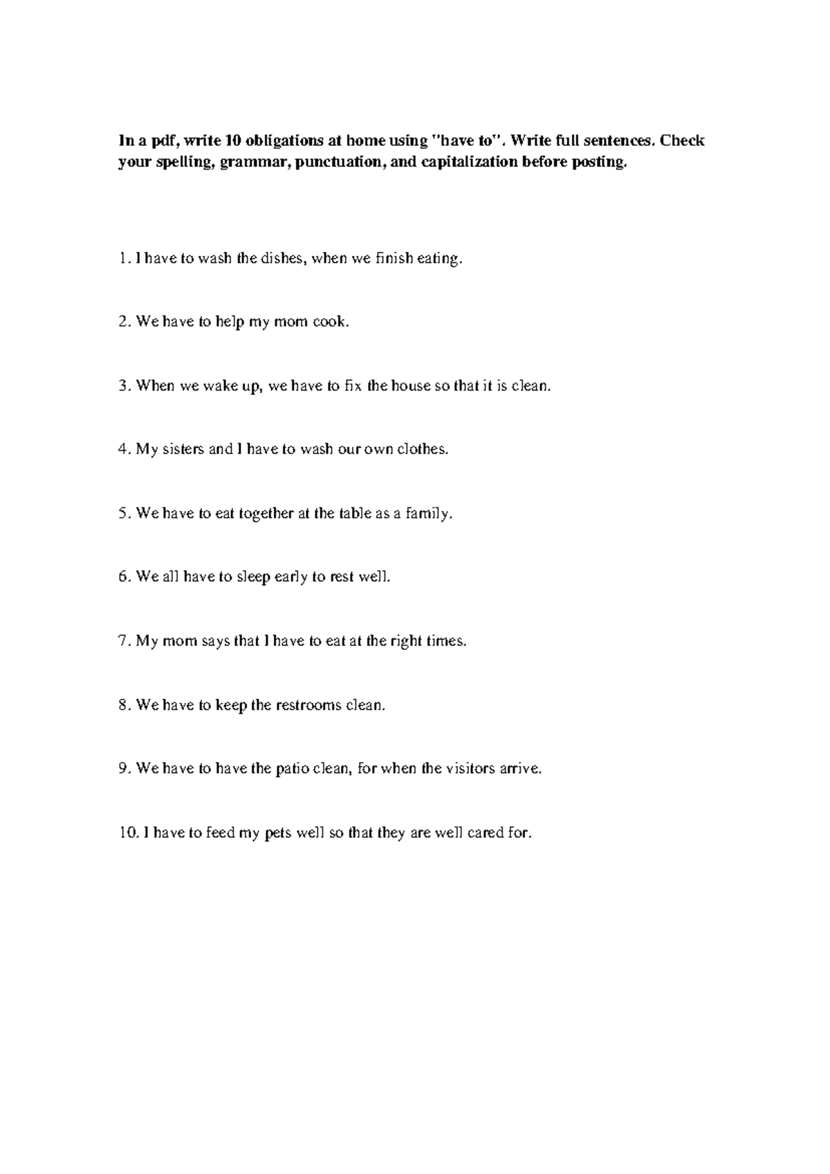What are your obligations at home - In a pdf, write 10 obligations at ...