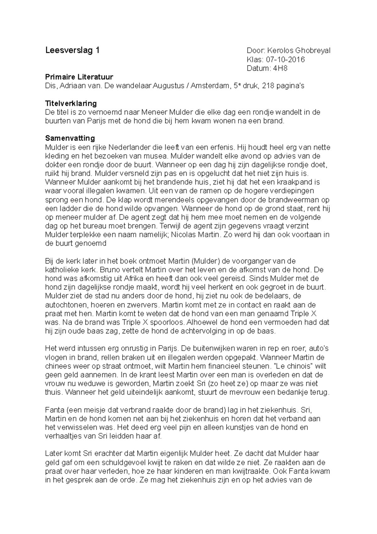Leesverslag De Wandelaar - Leesverslag 1 Door: Kerolos Ghobreyal Klas ...